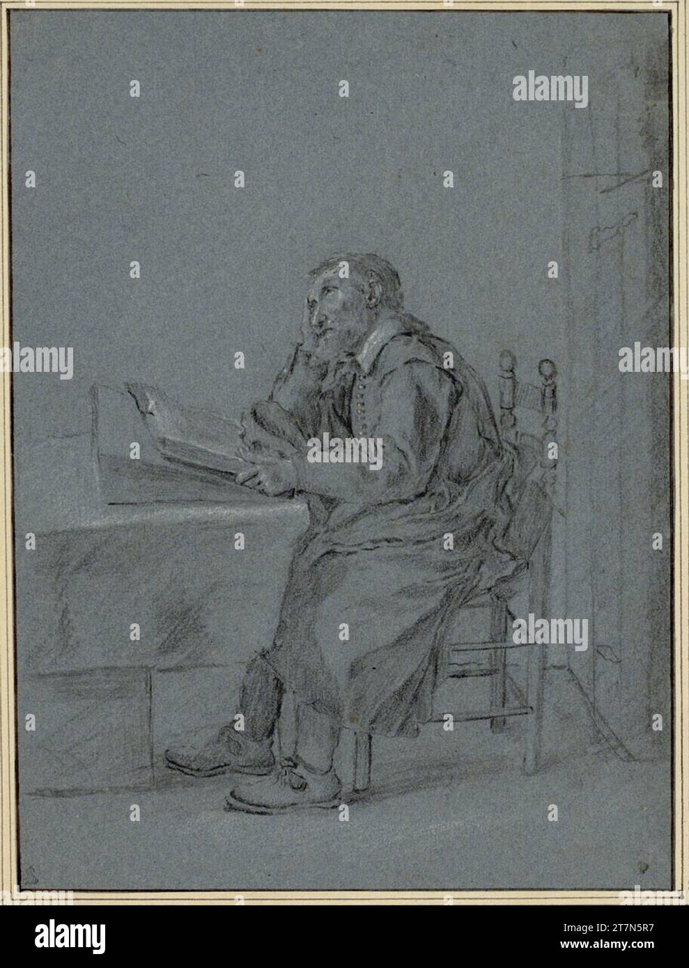 Andries Both Sitting scholar in a thinking pose, an open book on the ...