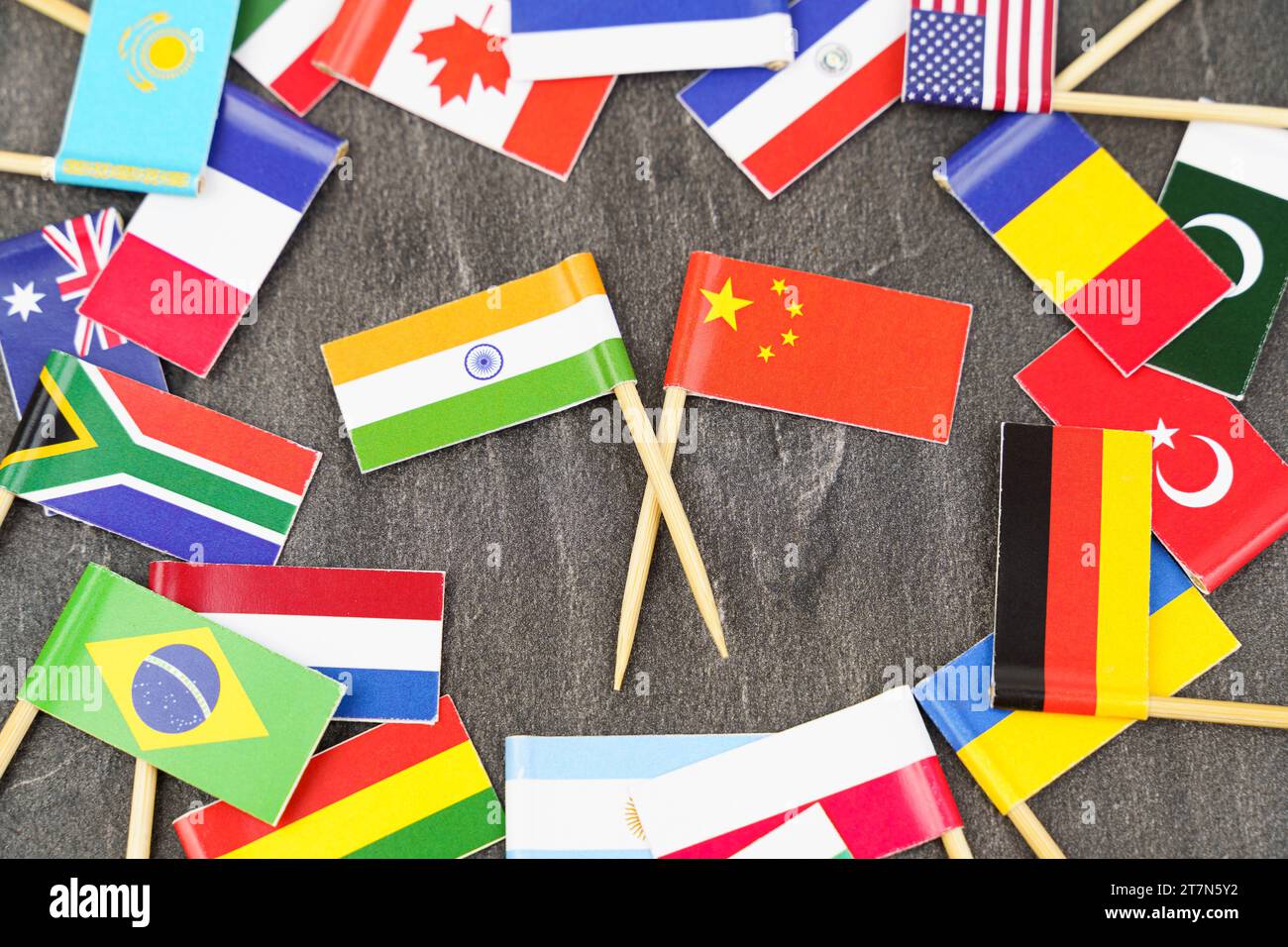 Policy. National flags of different countries. The concept is diplomacy ...