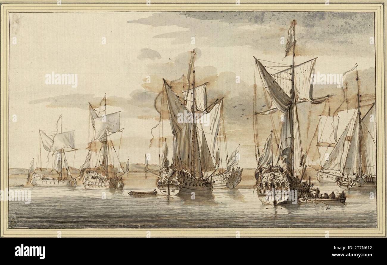 Anonym Anchoring war fleet, at a quiet lake off the flat coast. Pen ...