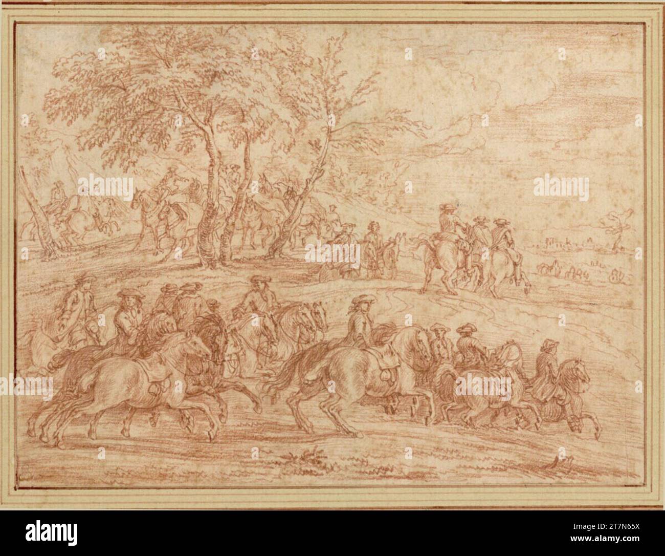 Adam Frans van der Meulen Hilly landscape with cavalrymen who carry ...