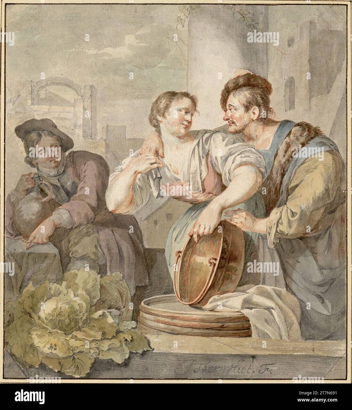 Jacob Toorenvliet A boiler -cleaning kitchen maid and two joking men ...