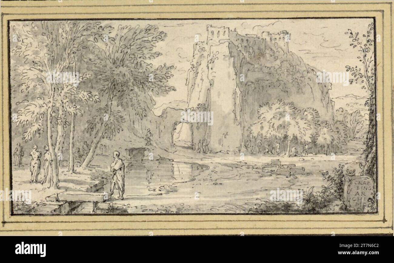 Abraham Genoels Arcadian landscape with figures on a stream, castle ...