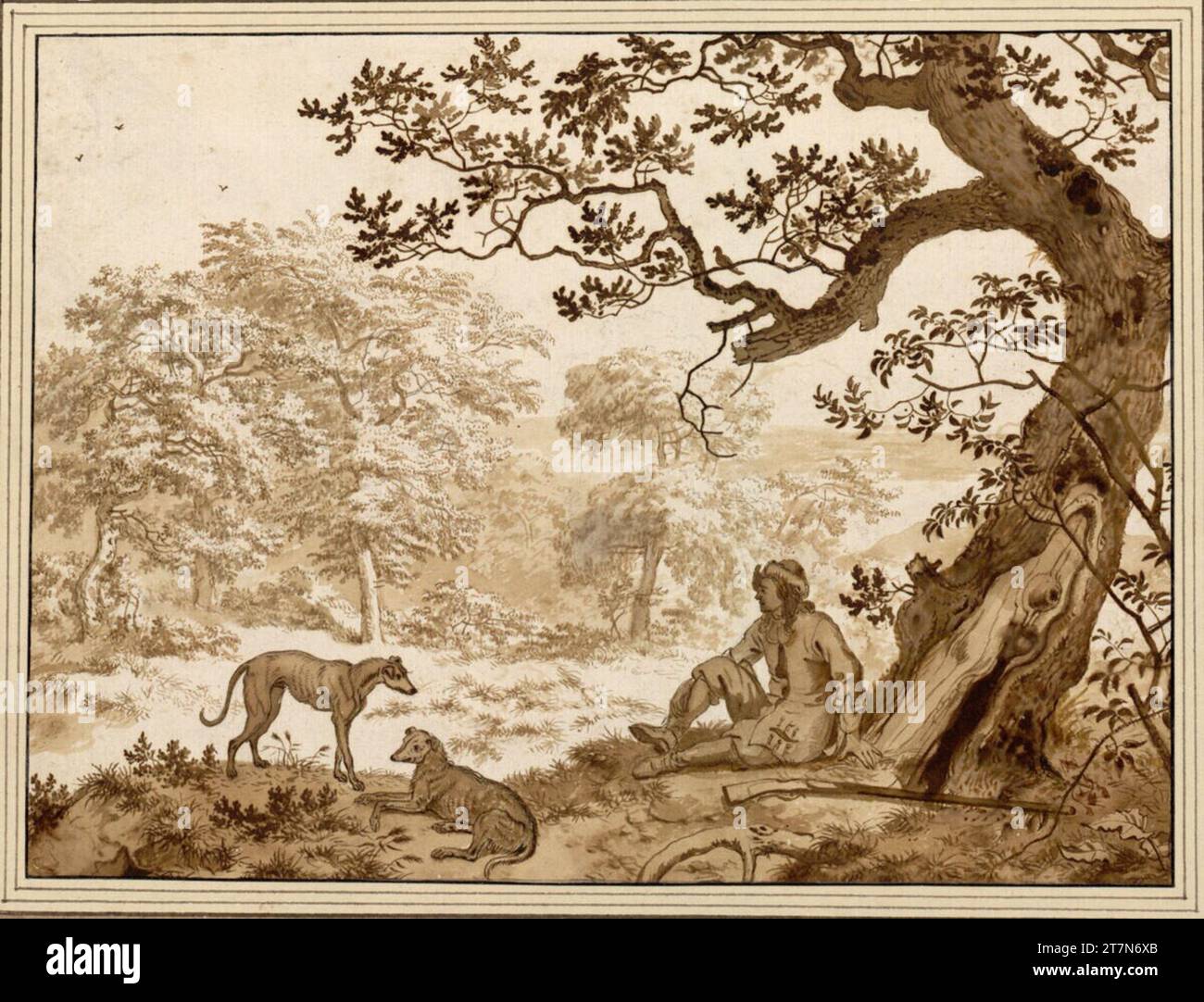 Dirk Maes Forest landscape with a resting hunter and two dogs. Pen and ...