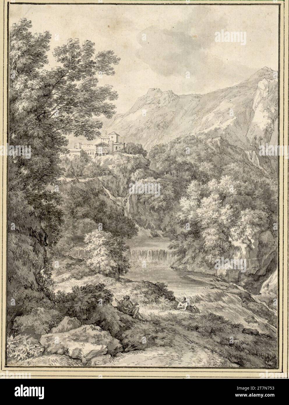 Isaac de Moucheron Italian mountain landscape with a fort and waterfall ...