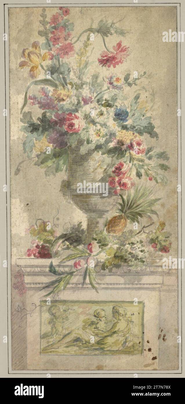 Jan van Huysum High flower vase and fruits, on a base with venus relief ...