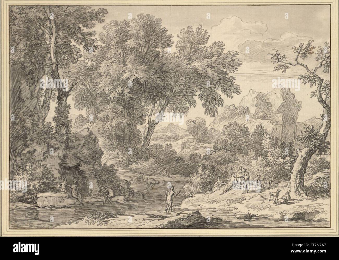 Jan van Huysum Arcadian landscape with bathing virgins - Diana with ...