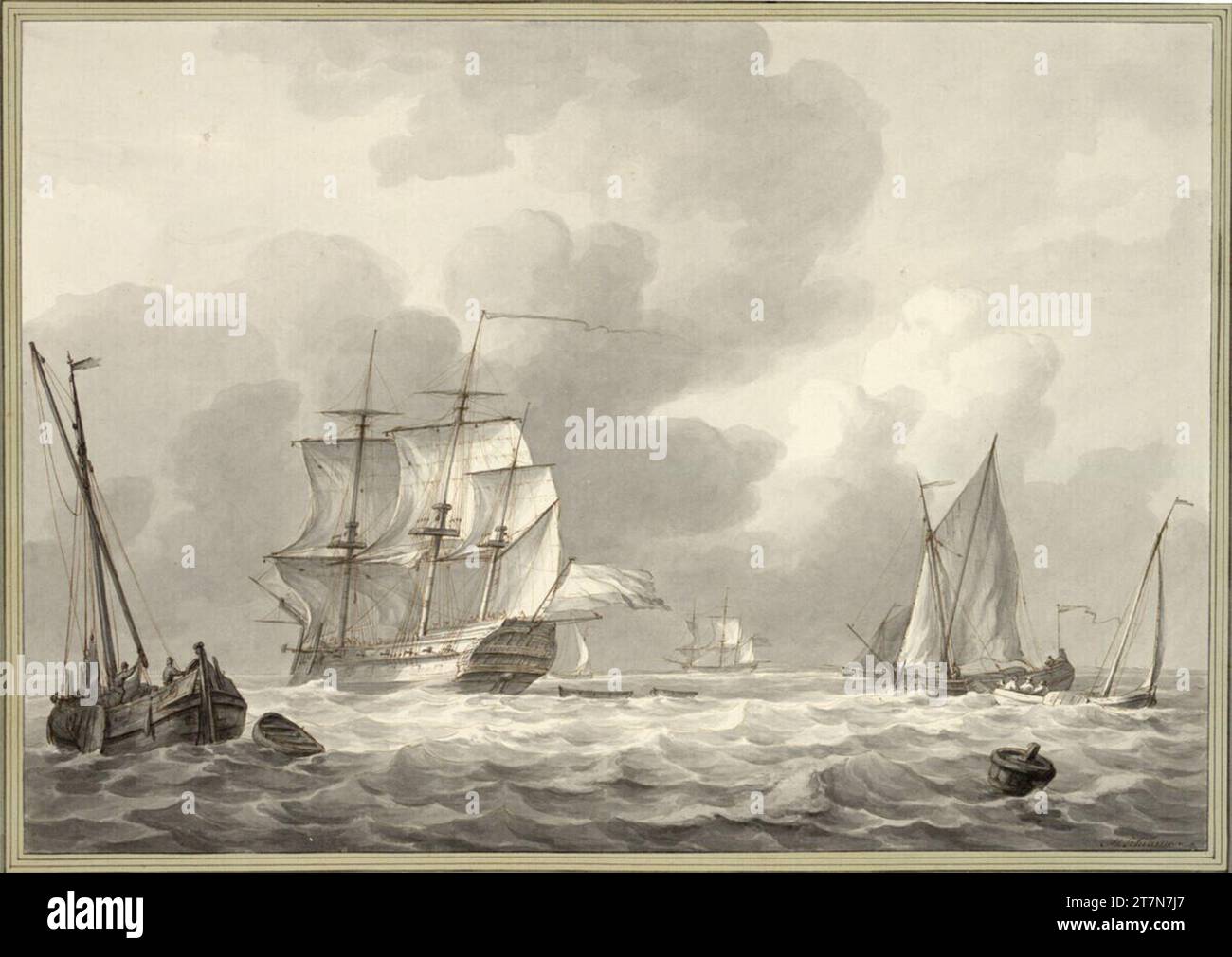 Martinus Schouman Dutch warship and sailing boats with an emerging ...