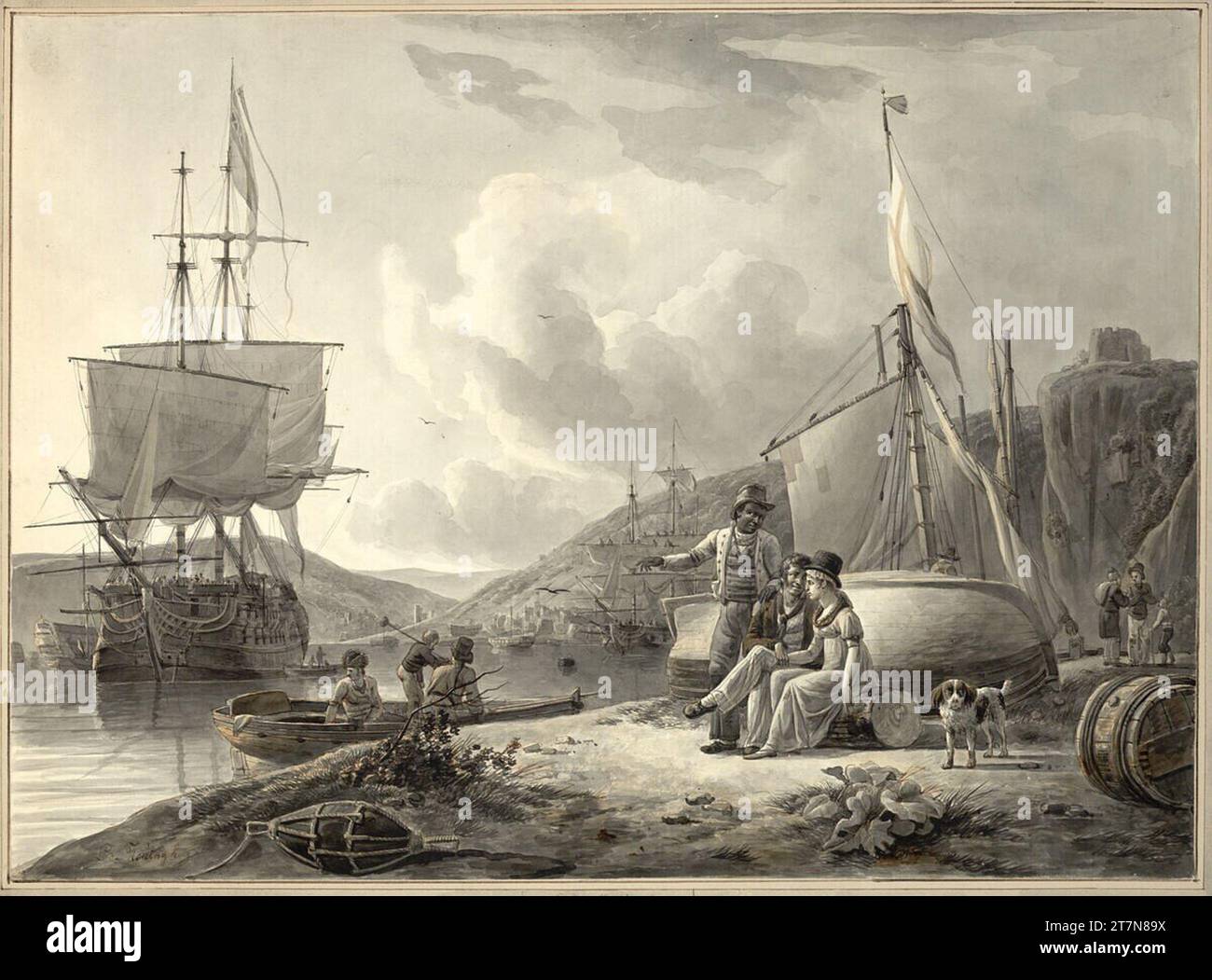 Leendert de Koningh Southern harbor scene with lovers, colored sailor ...