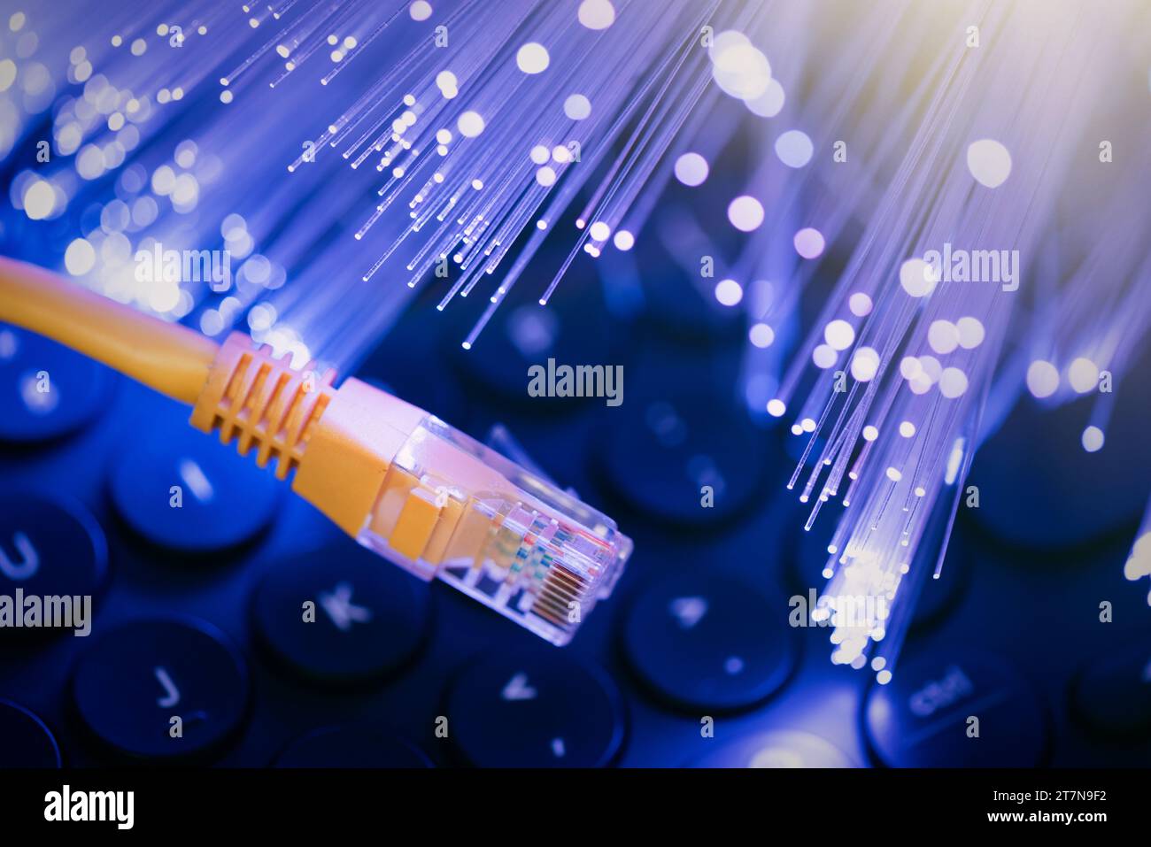 Internet cable, RJ-45 plug on laptop keyboard. High speed fiber optic ...