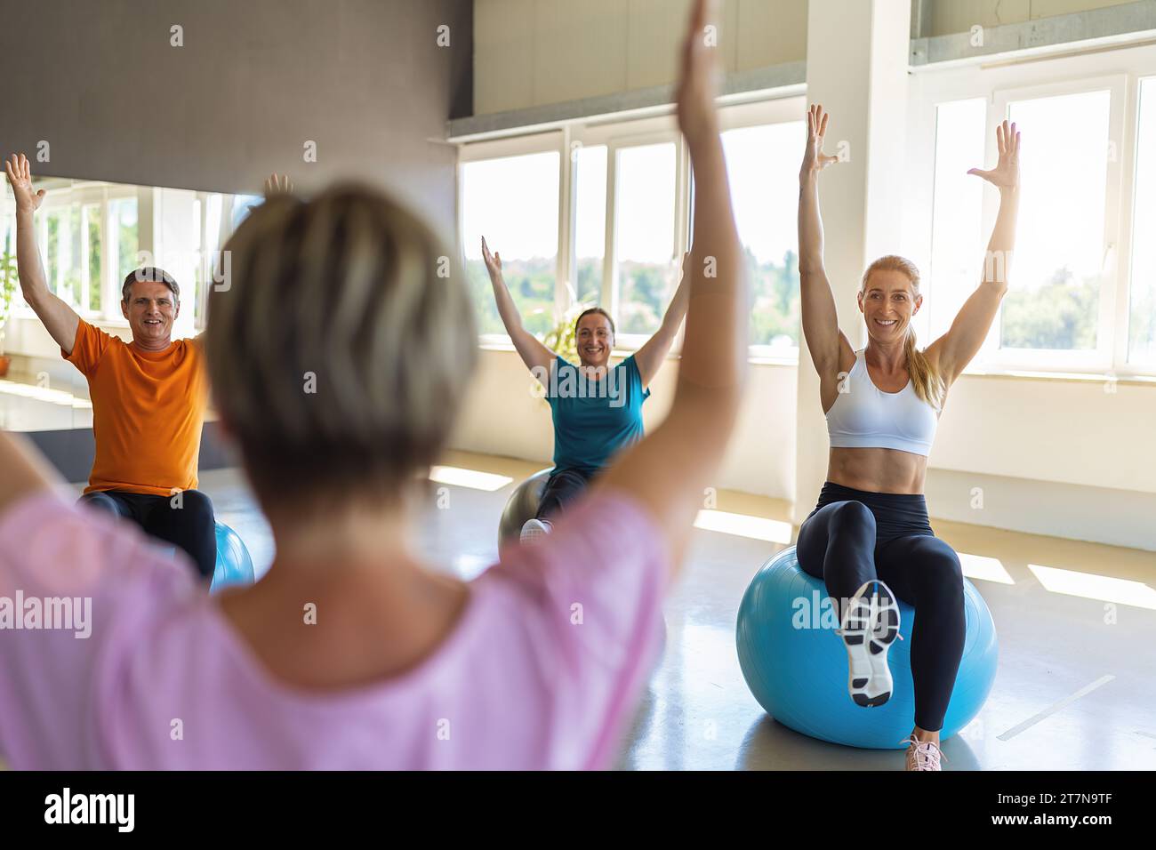 Group of diverse people in a receding line doing pilates in a gym ...