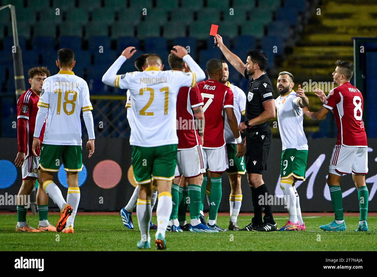 Referee Daniel Stefanski gives a red card to a Bulgarian player during ...