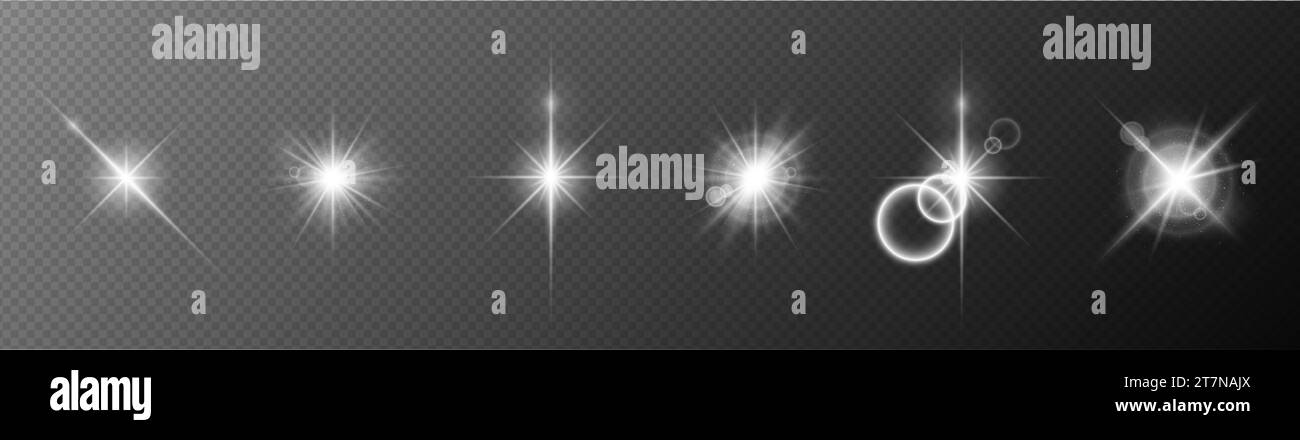 Shining white light effects on a transparent background. A collection ...