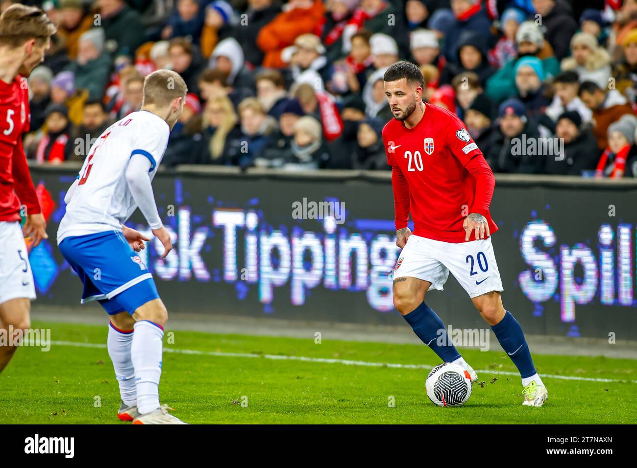 Oslo, Norway, 16th November 2023. Norway's Aron Dønnum on the ball in ...