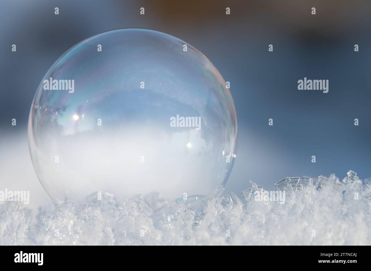 Close-up of a transparent and glowing soap bubble lying on glittering ...