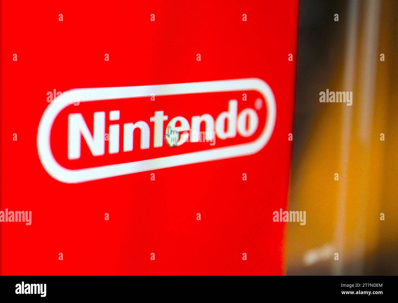A photo of the red and white Nintendo logo on a computer screen Stock ...