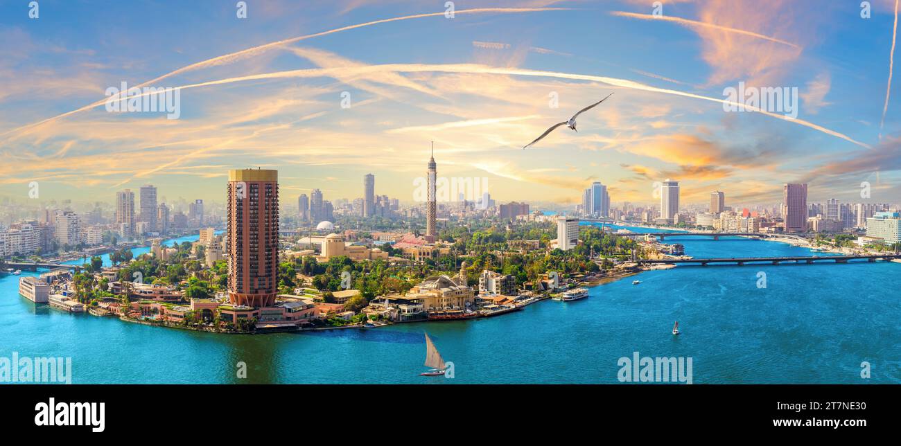 Wonderful aerial view of the Gezira island on the Nile river, great sky ...