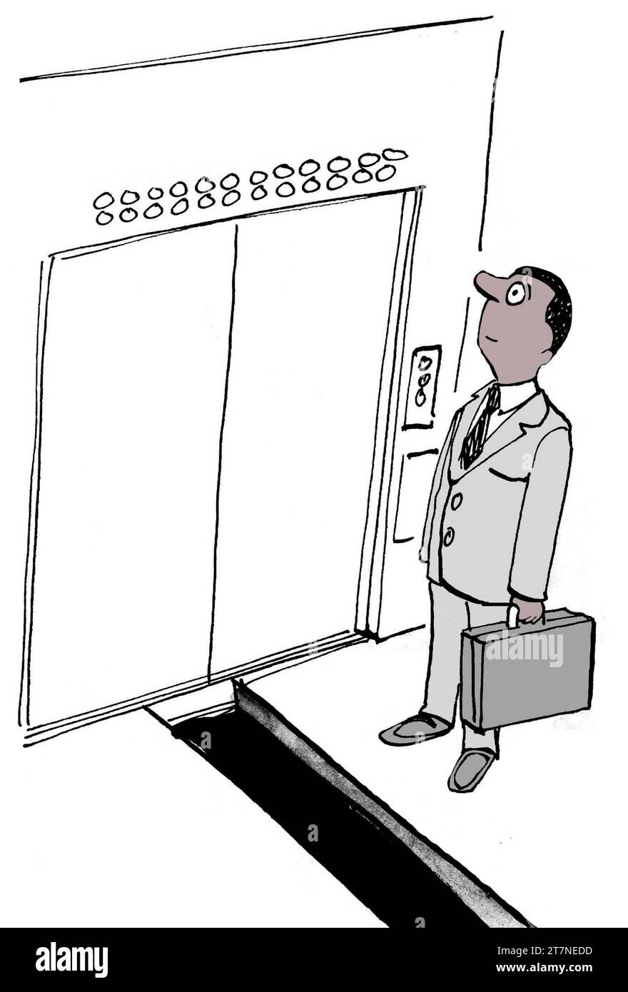 An African American man is concerned, the elevator floor is opening as ...