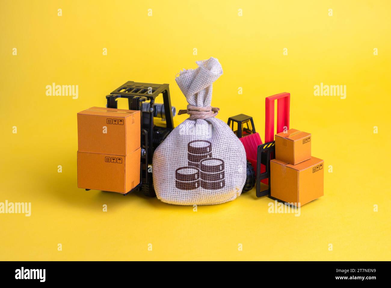 Forklifts with goods and a money bag. Delivery of industrial orders ...