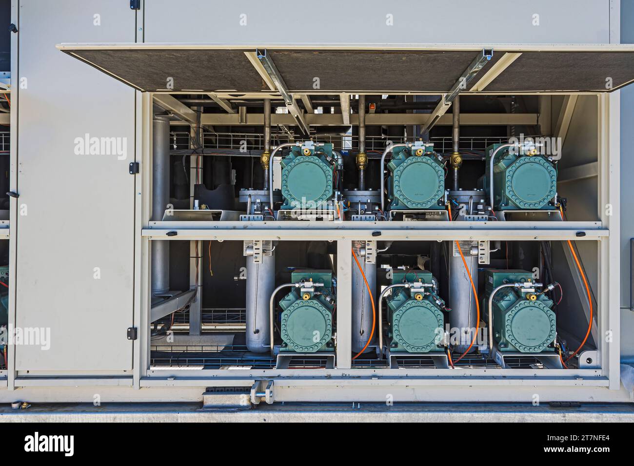 The compressor housing with open doors on the roof at a CO2 cold ...