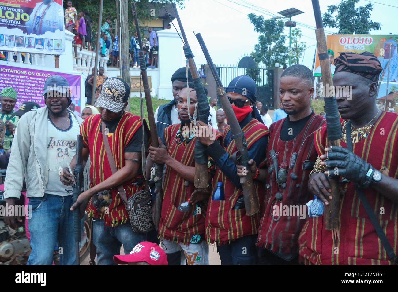 Local hunters display their guns to celebrate the Olojo Festival at Ile ...