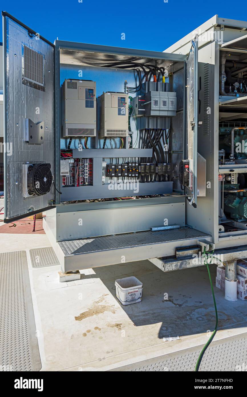 The compressor housing with open doors on the roof at a CO2 cold ...