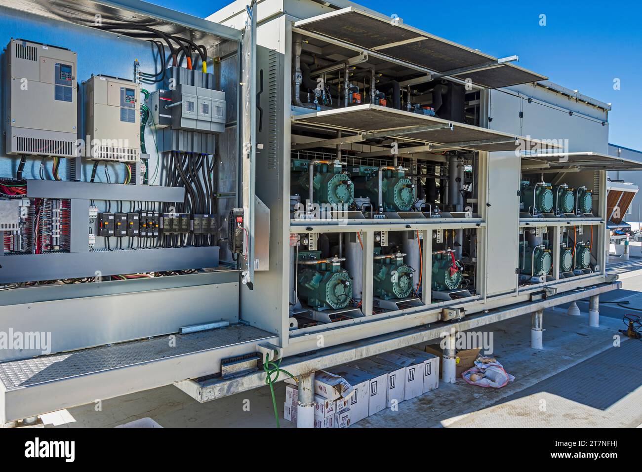 The compressor housing with open doors on the roof at a CO2 cold ...