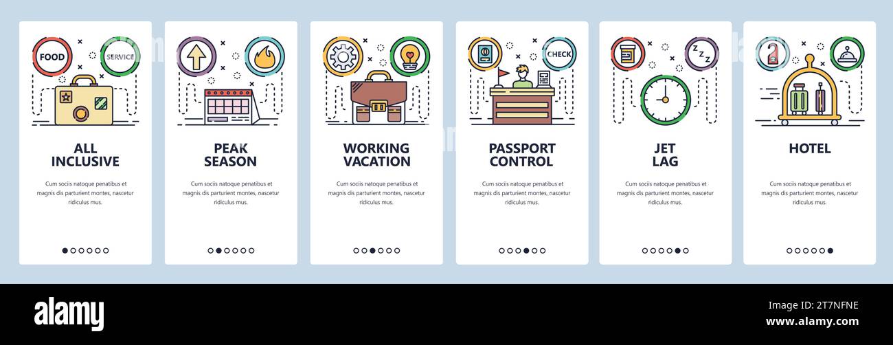 Mobile app onboarding screens. Travel bag, schedule, business trip ...