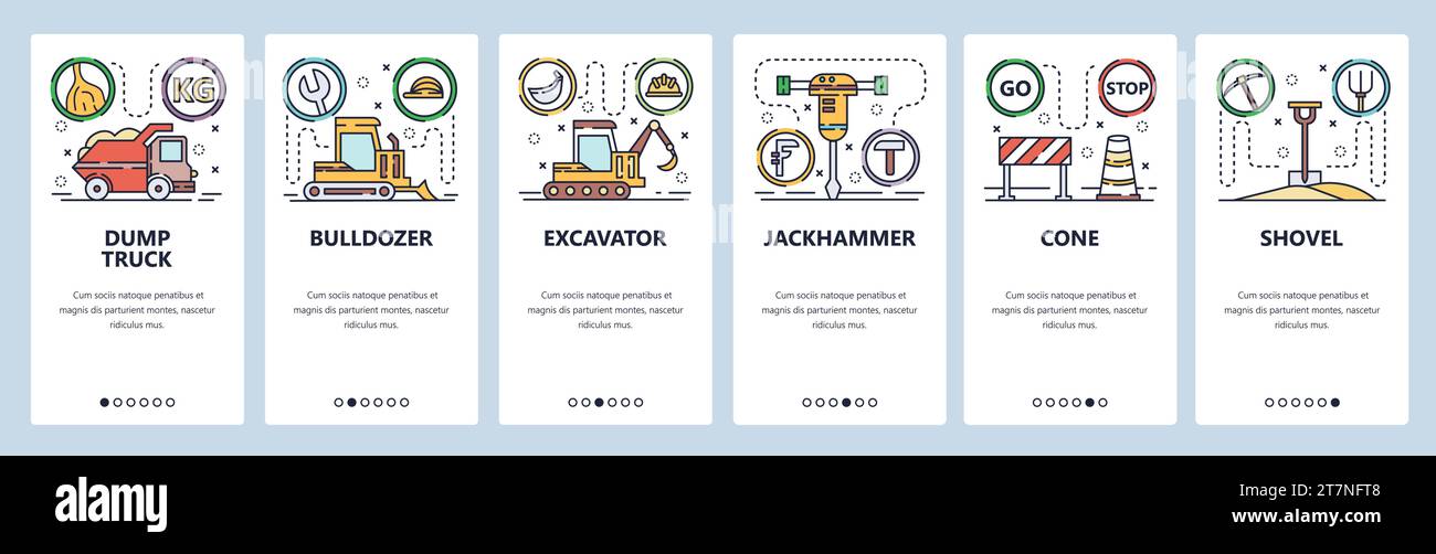 Mobile app onboarding screens. Construction industry icons, heavy ...