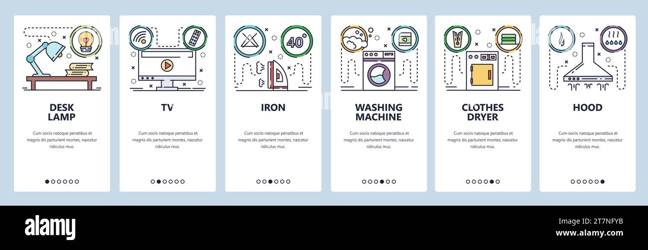 Mobile app onboarding screens. Home appliances, house interior, iron ...