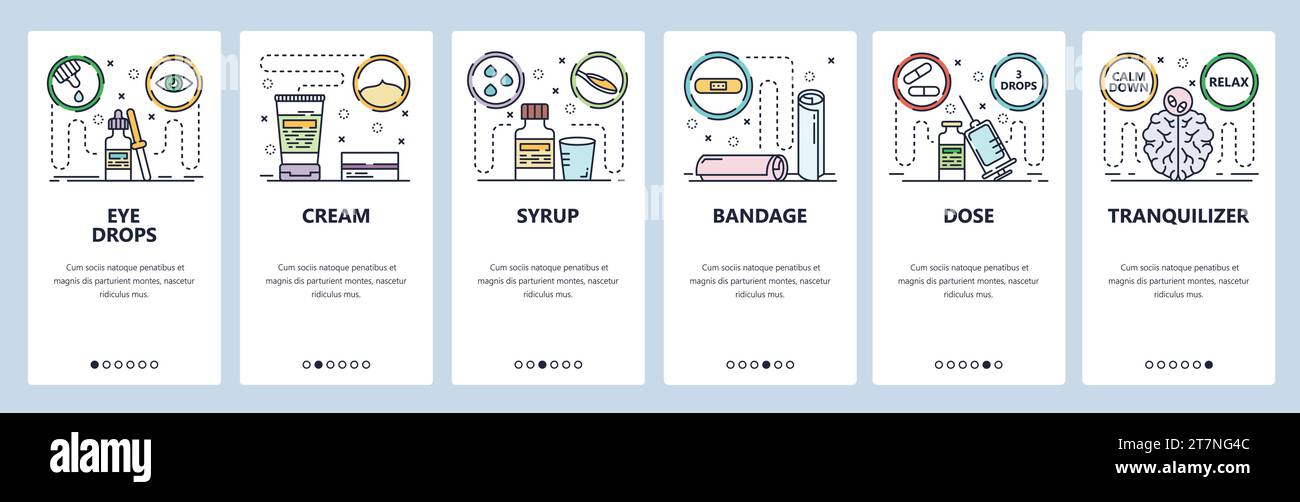 Mobile app onboarding screens. Medical icons, eye drops, drugs, syrup ...