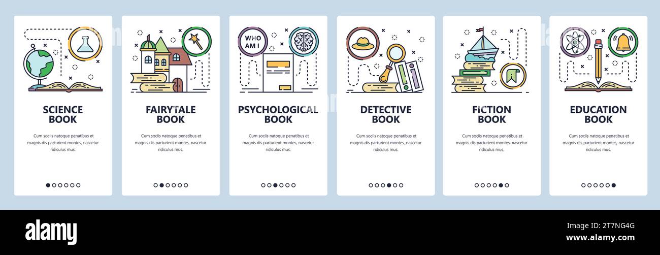 Mobile app onboarding screens. Science book, fairytale, detective ...
