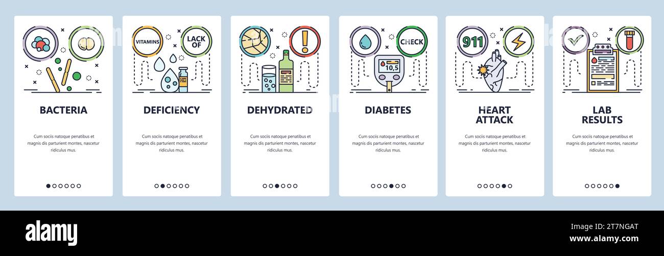 Mobile app onboarding screens. Health problems, heart attack, check ...