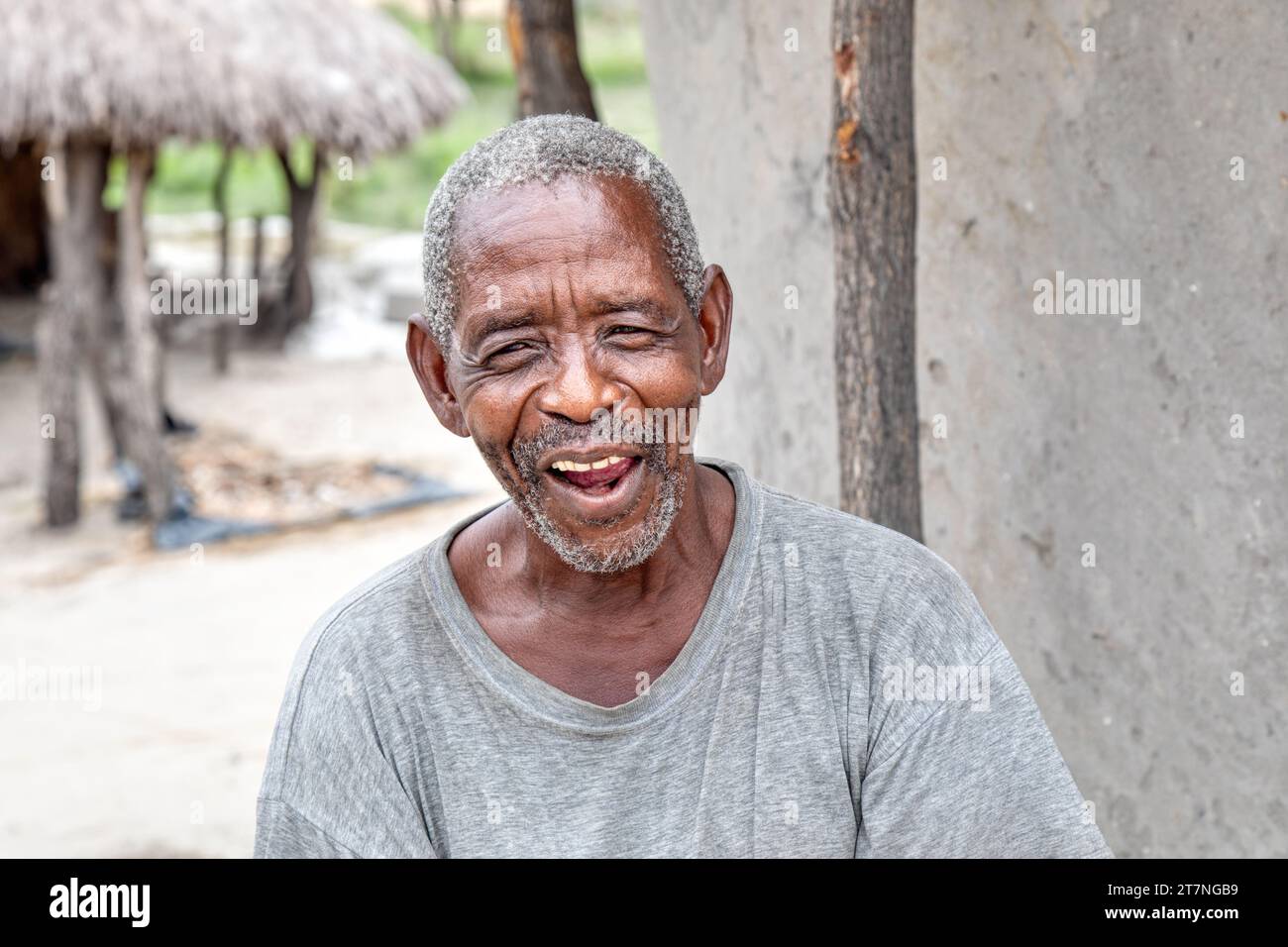 old african village man with a happy face in front of his hut with a thatched roof Stock Photo ...