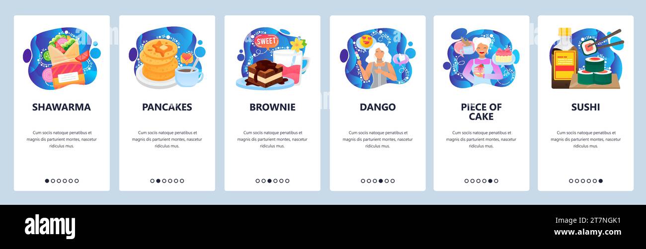 Mobile app onboarding screens. Breakfast food, doner, pancakes, brownie ...