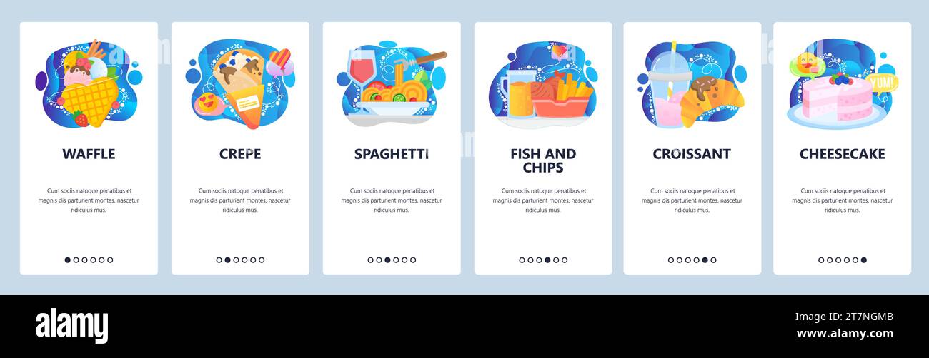 Mobile app onboarding screens. Breakfast and sweet food, waffle, crepe ...
