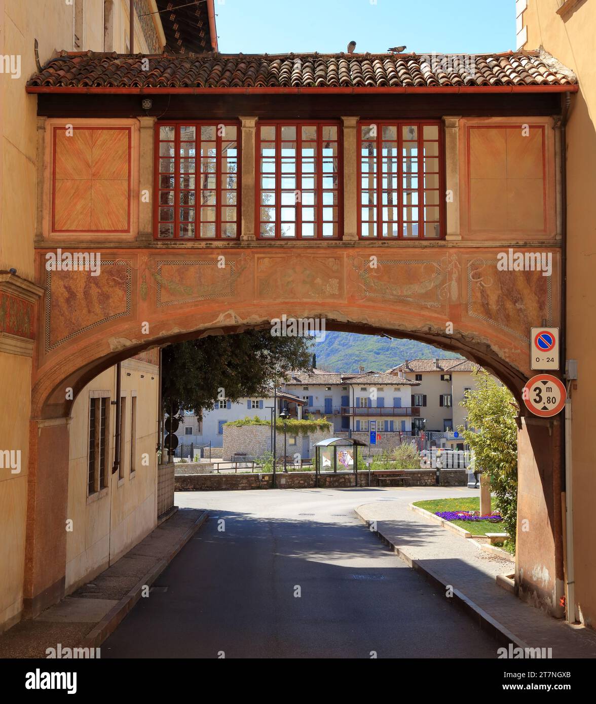 Covered walkway bridge between buildings, Rovereto Town Hall, Italy ...