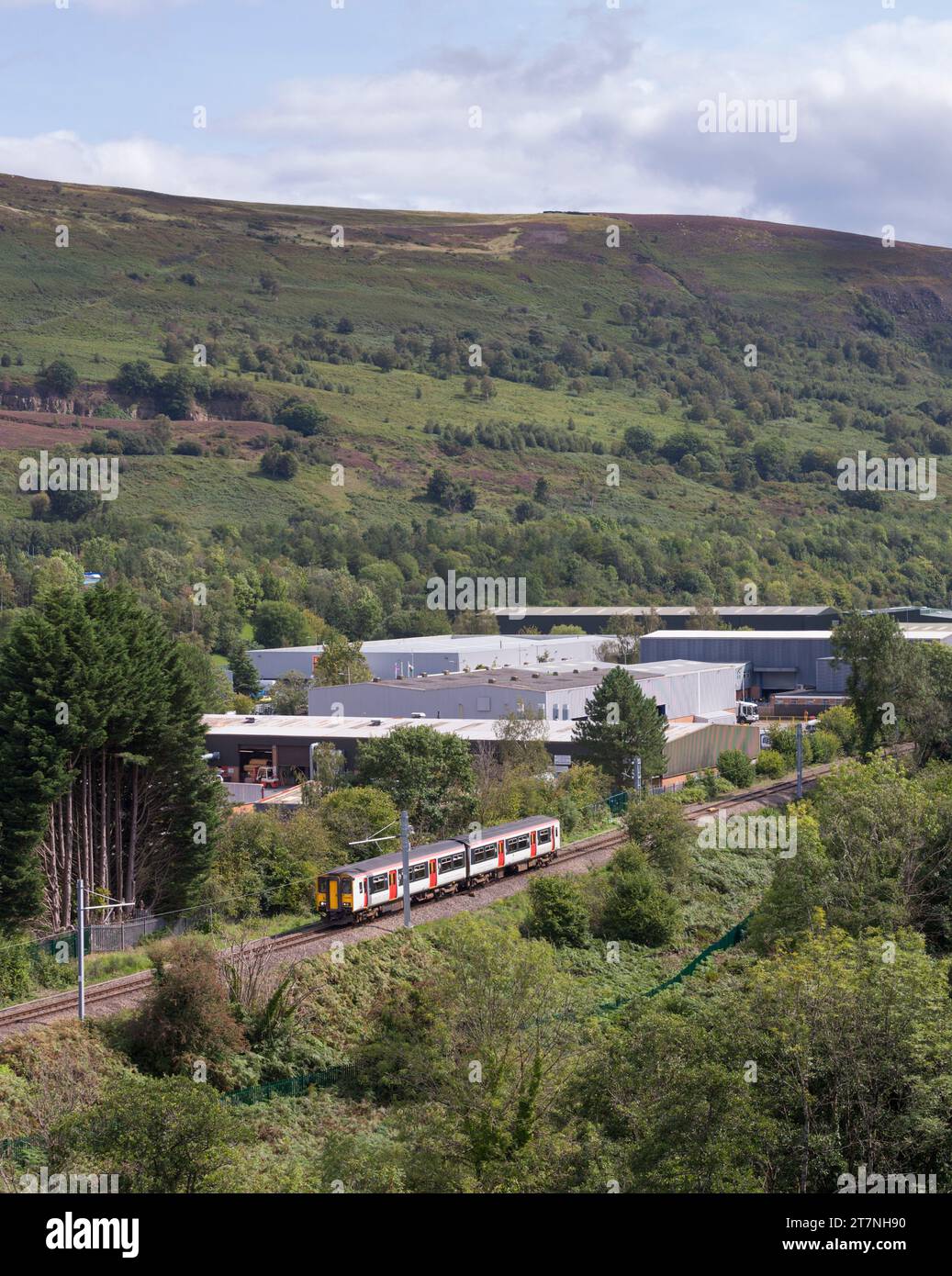 Transport For Wales class 150 DMU train 150283 passing Ysgubor Newydd (south of Merthyr Tydfil ...