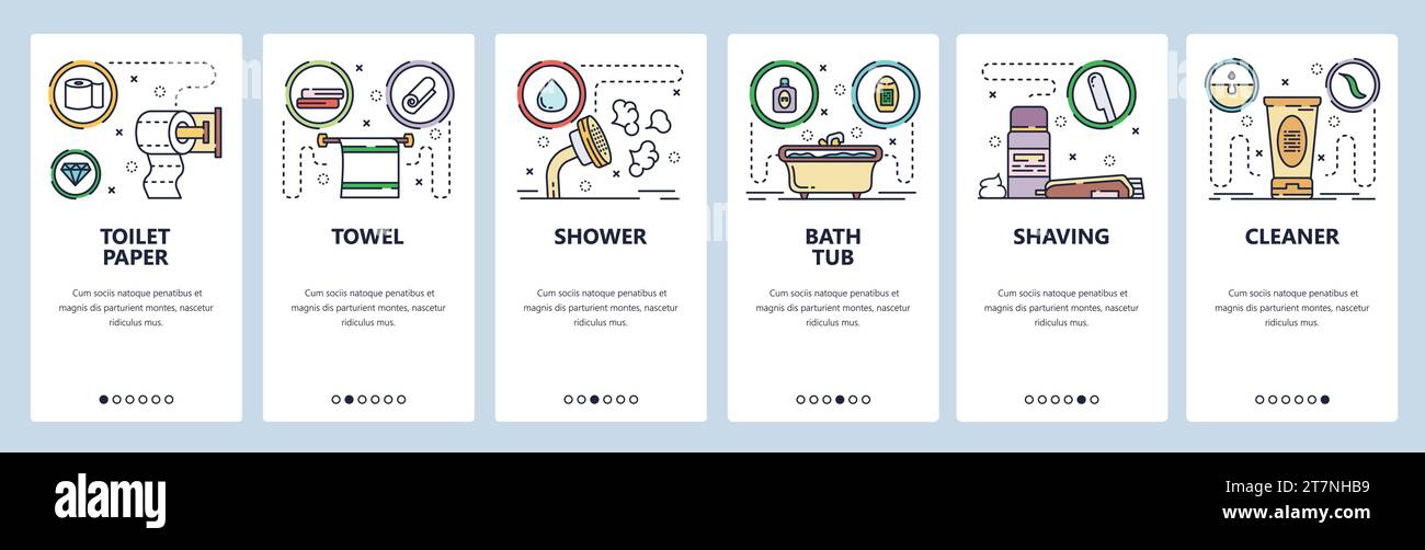 Mobile app onboarding screens. Toilet and bathroom accessories, paper ...