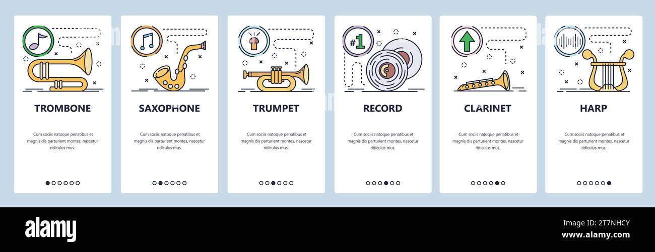Mobile app onboarding screens. Musical instruments, trombone, saxophone ...