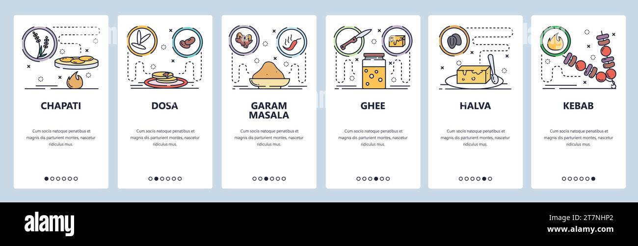 Mobile app onboarding screens. Indian cuisine, chapati, food, masala ...