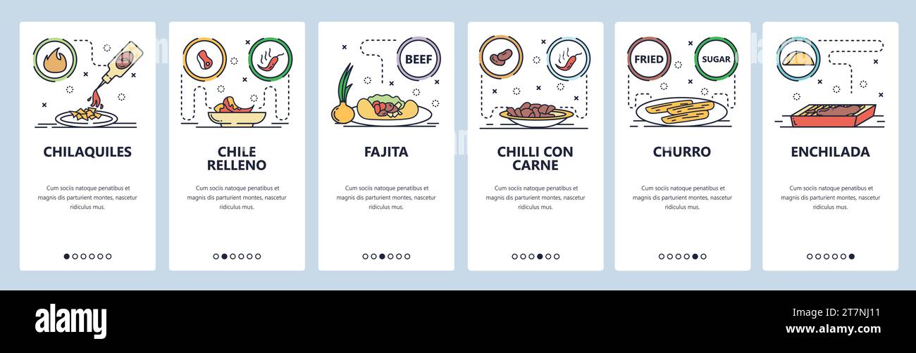 Mobile app onboarding screens. Mexican cuisine, cafe food menu, chilli ...