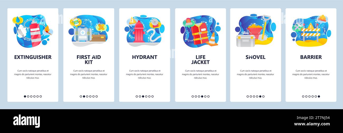 Mobile app onboarding screens. Fire fighting kit, alarm warning sign ...
