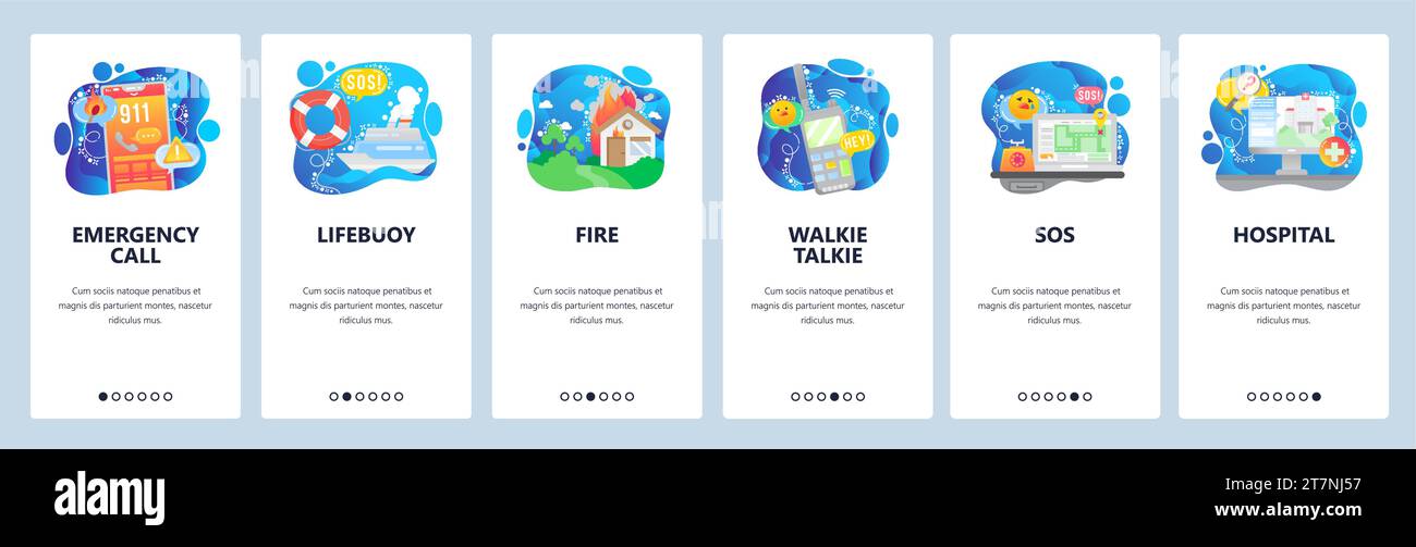 Mobile app onboarding screens. Emergency situation, sos signal, phone ...