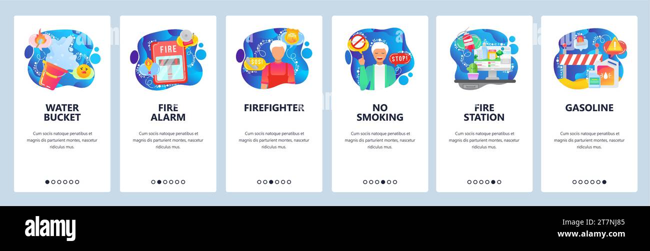 Mobile app onboarding screens. Fire fighting station, man firefighter ...