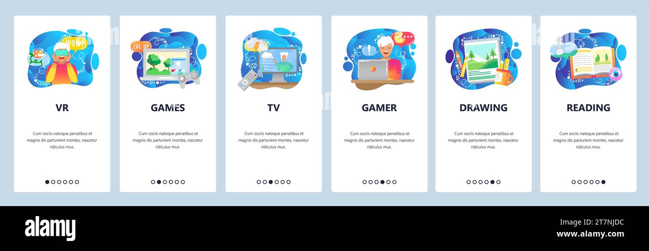 Mobile app onboarding screens. Hobby and leisure activities, computer ...