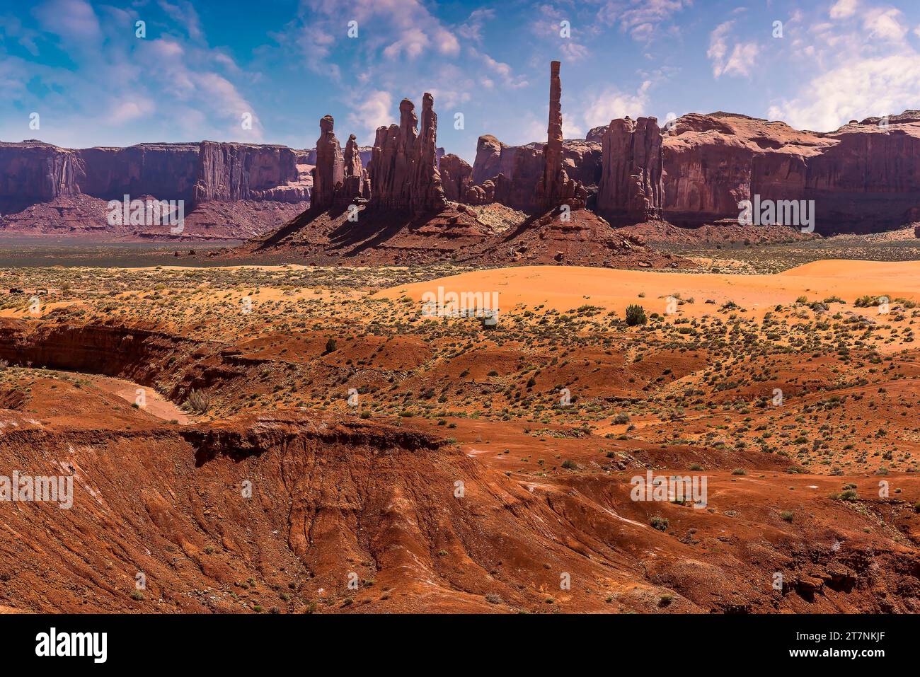 A view across a gully towards Totem Pole Spire and Yei Bi Chei Spires ...