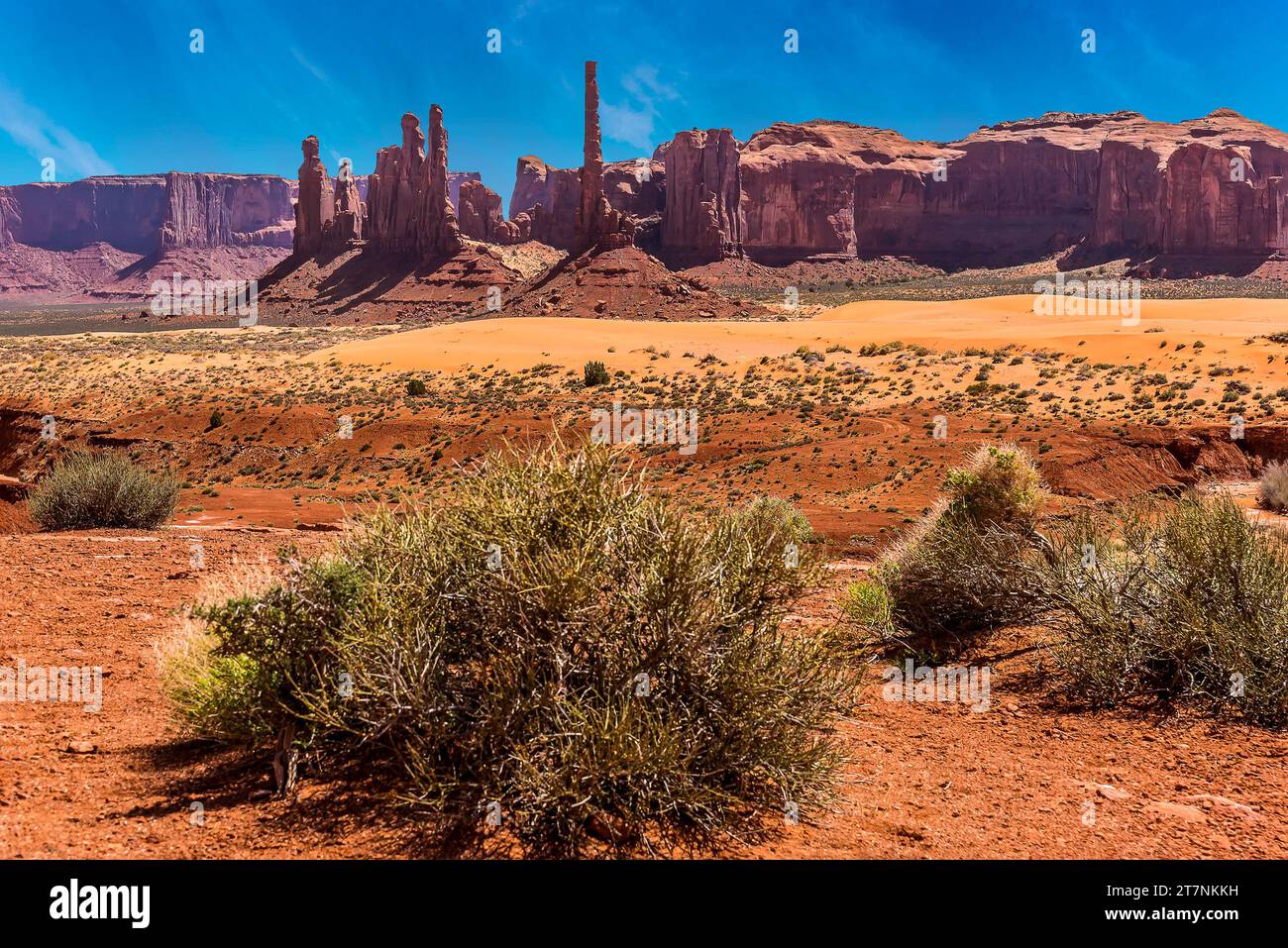 Close up view of Totem Pole Spire and Yei Bi Chei Spires with mesa ...