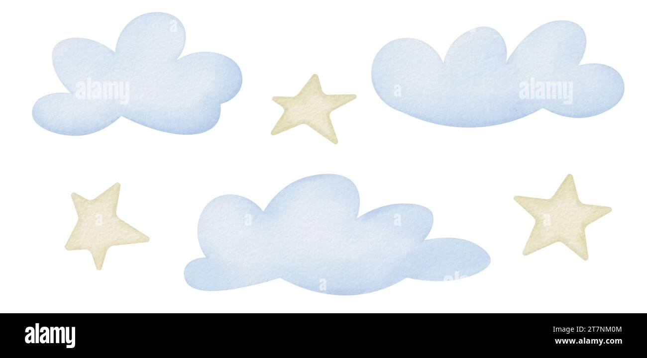 Clouds and Stars Set. Watercolor illustration of sky. Hand drawn cute ...
