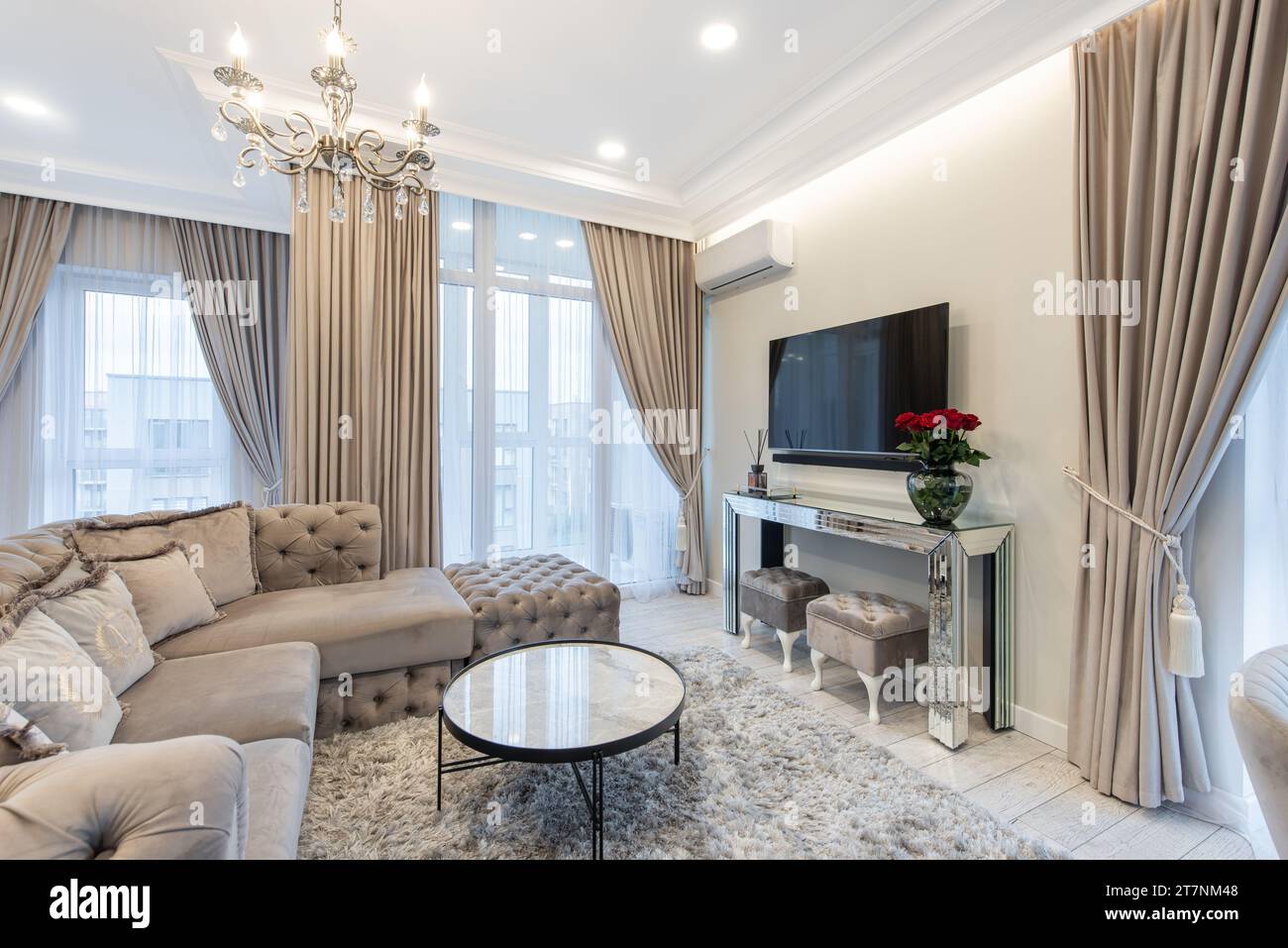 Modern Living Room Interior. Luxury Furniture. TV Screen, Curtains and Sofa. Windows. Coffee ...