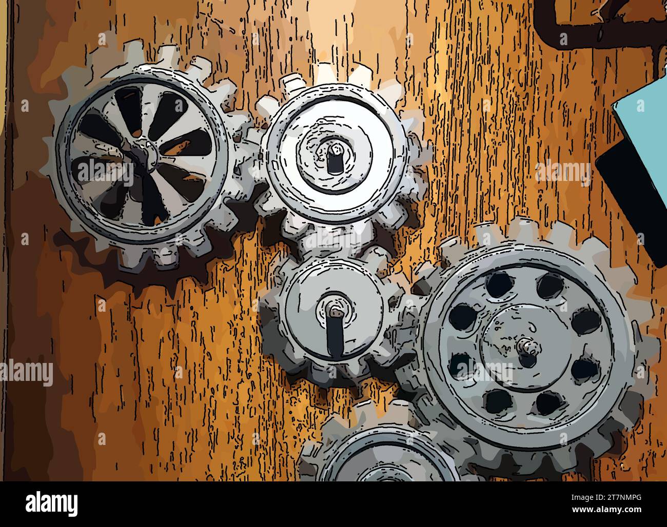 Gear of moving mechanical cogwheels fixed on a wooden panel Stock Photo ...